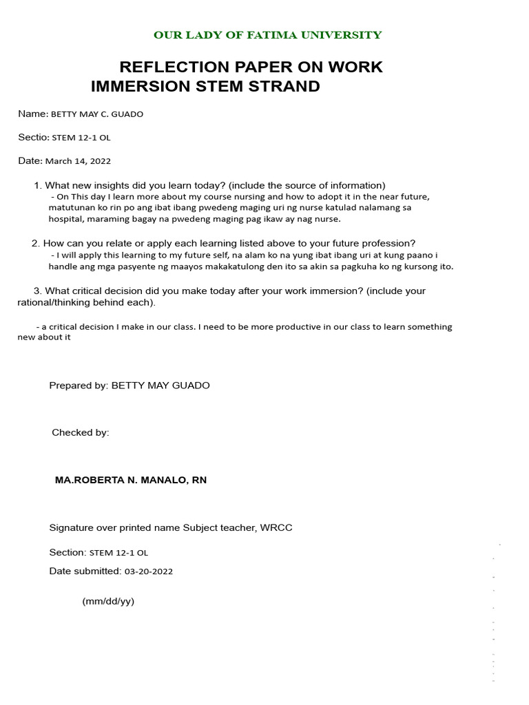WRCC - Reflection - Paper, Guado Betty May C. | PDF | Nursing