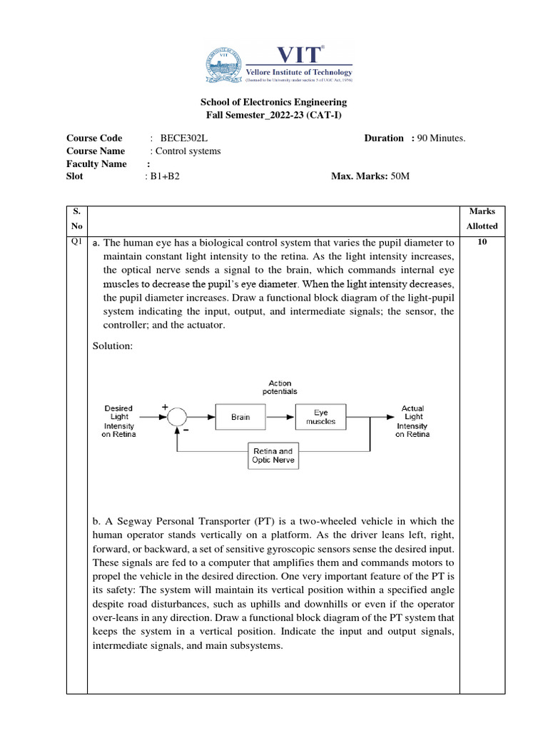 Control Systems Question Paper and Key, CAT 1 Vit Vellore | PDF | Eye ...
