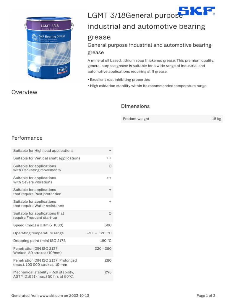 SKF LGMT 3 - 18general Purpose Industrial and Automotive Bearing Grease ...