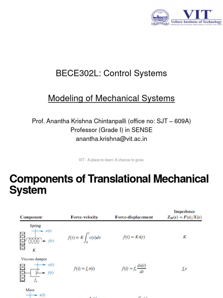 Modelling of Mechanical Systems - Control Systems - VIT Vellore | PDF | Applied And ...