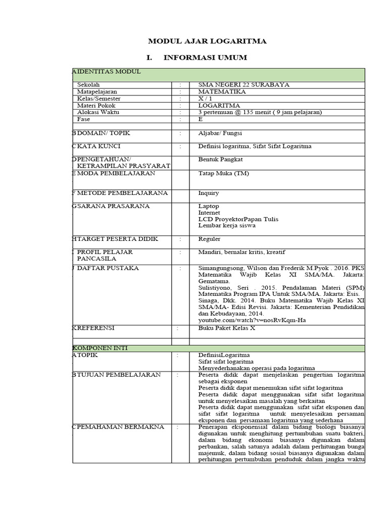 MODUL AJAR LOGARITMA (Kelas X) | PDF