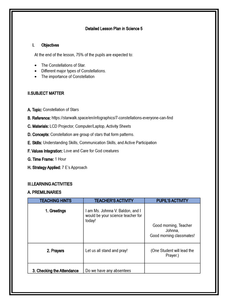 Detailed Lesson Plan in Science 5 | PDF | Constellation | Lesson Plan