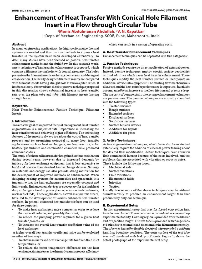 Enhancement of Heat Transfer With Conical Hole Filament Insert in A ...