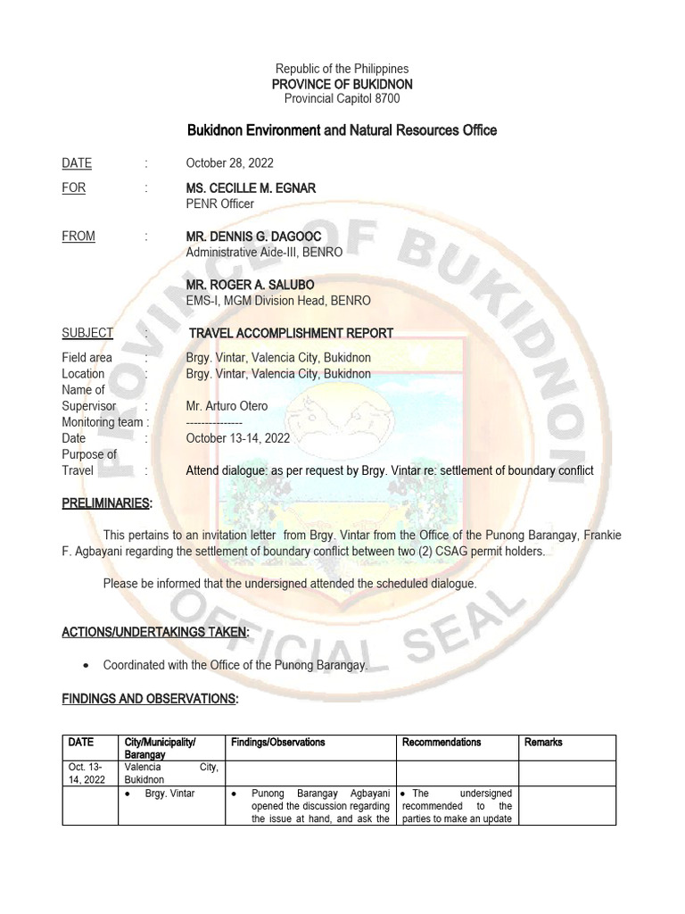 Bukidnon Travel Accomplishment Report | PDF