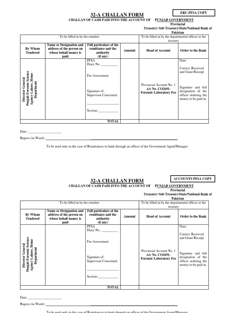 32-A Challan Form FORENSIC TEST FEE (Approved) | PDF | Money | Banks