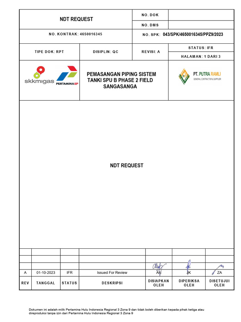 NDT REQUEST Piping Sistem SPU B Phase 1 (Road Crossing) | PDF | Pipe ...