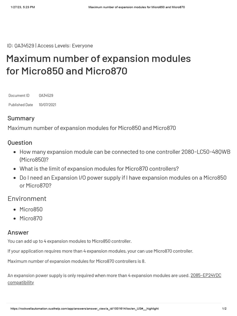 Maximum Number of Expansion Modules For Micro850 and Micro870 | PDF