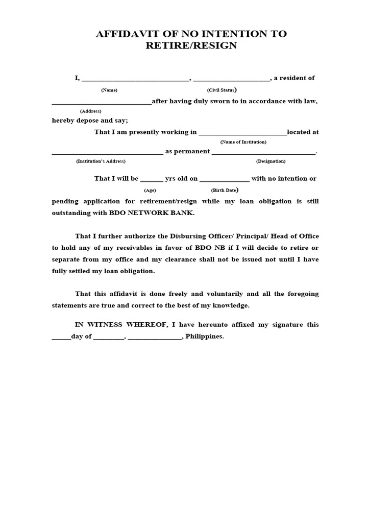 Affidavit of No Intention to Retire | PDF | Finance & Money Management