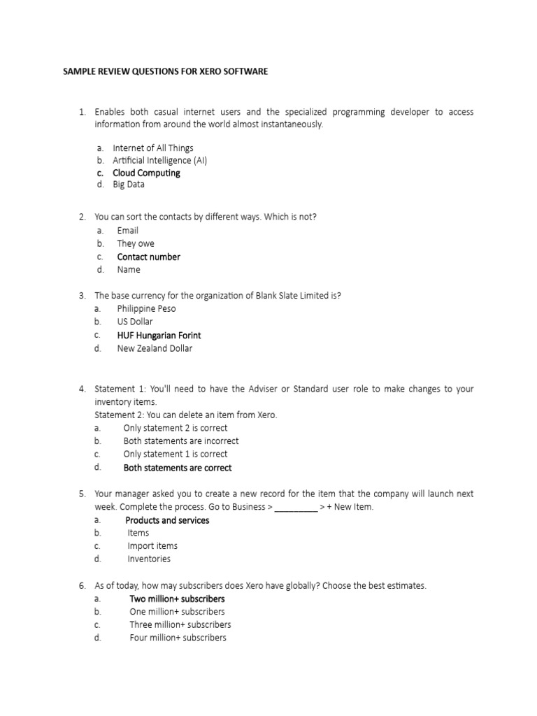 Sample Review Questions For Xero Software | PDF | Software As A Service ...
