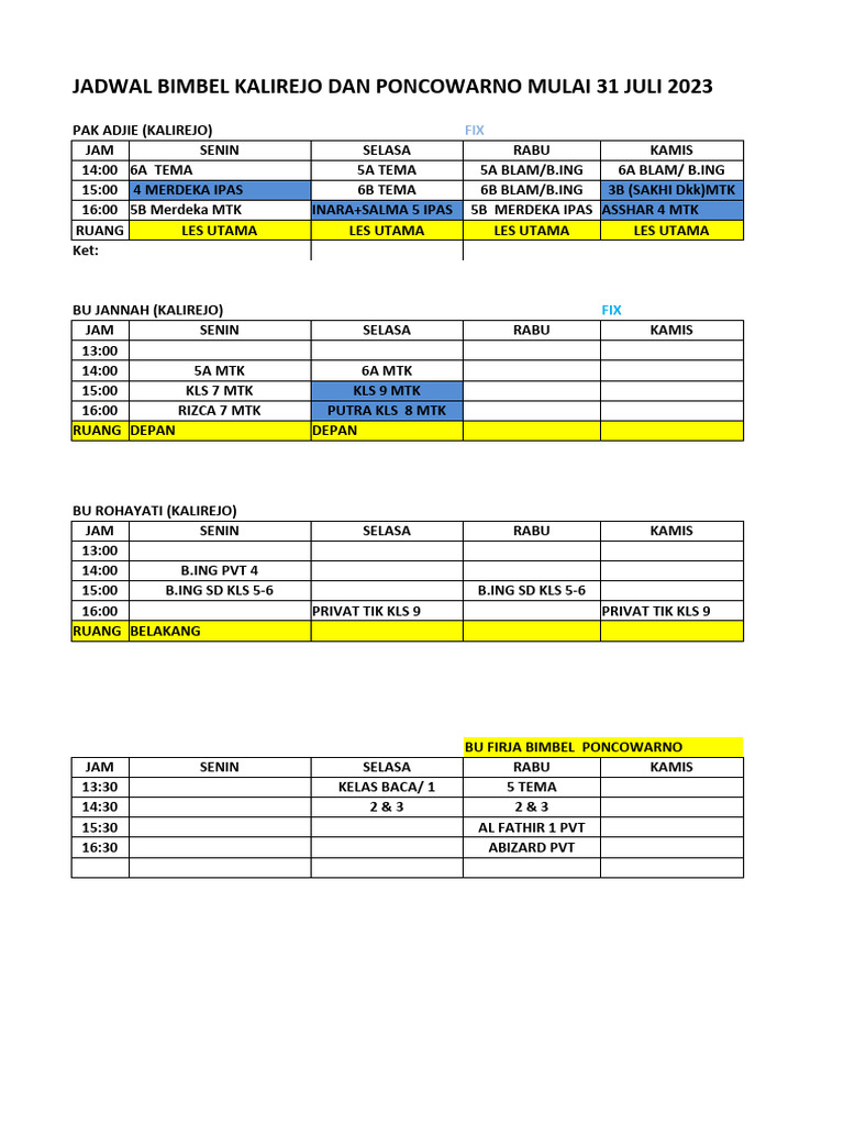 Jadwal Les Mulai 31juli 2023 | PDF