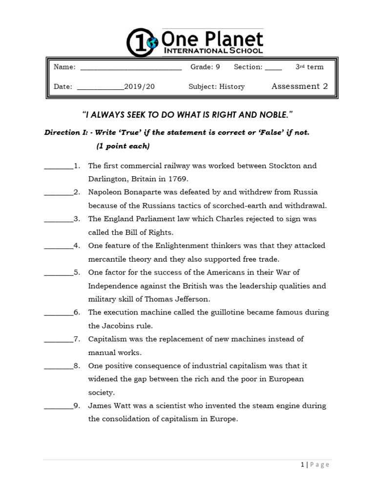 Grade 9-History Assessment 2 | PDF | French Revolution