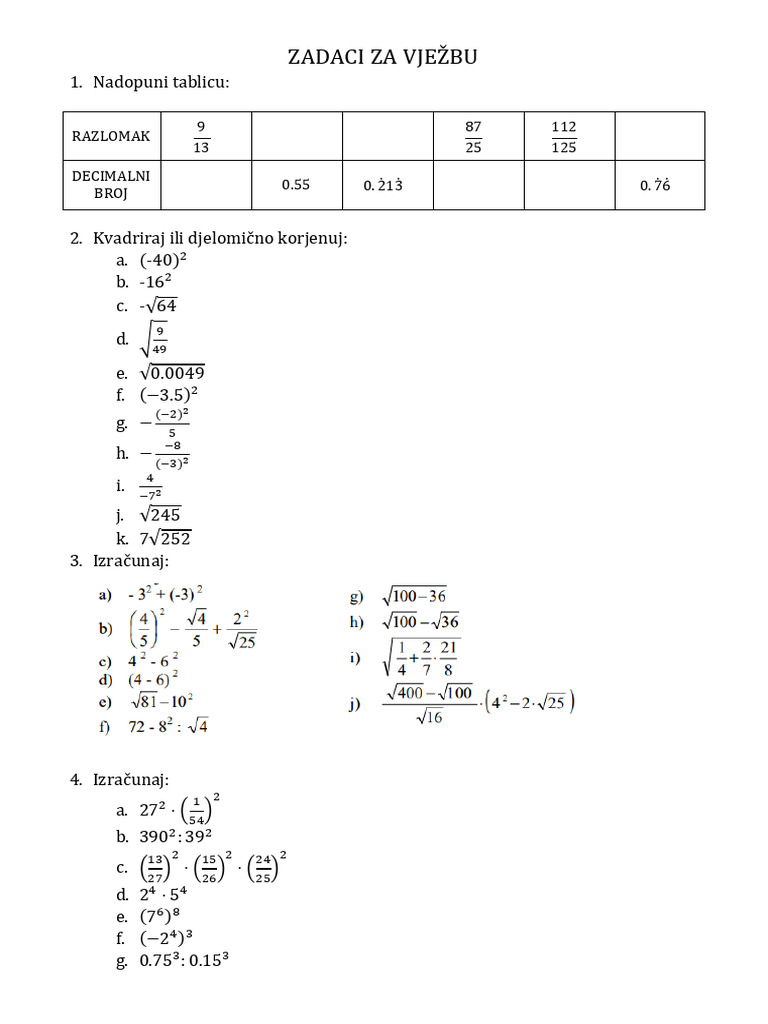 Kvadrat Korijen Potencije 8 Razred Zadaci Za Vjezbu | PDF