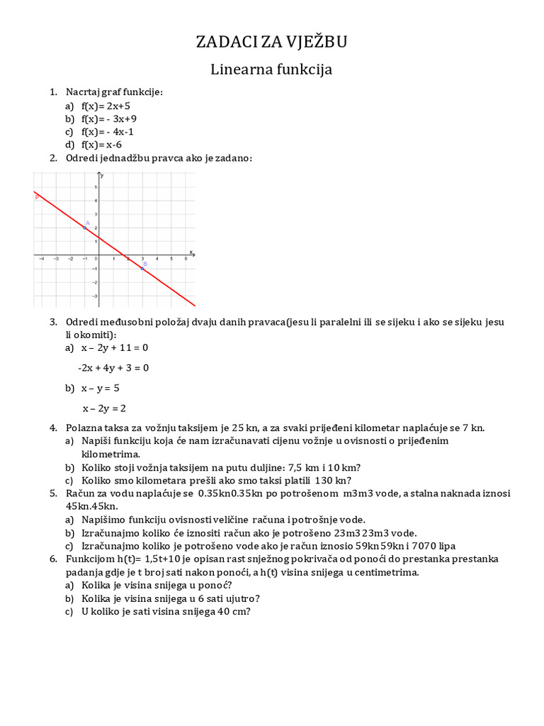 Linearna Funkcija Zadaci Za Vježbu | PDF