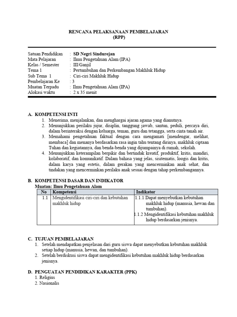 RENCANA PELAKSANAAN PEMBELAJARA IPA Kelas 3 Ciri-Ciri Makhluk Hidup | PDF