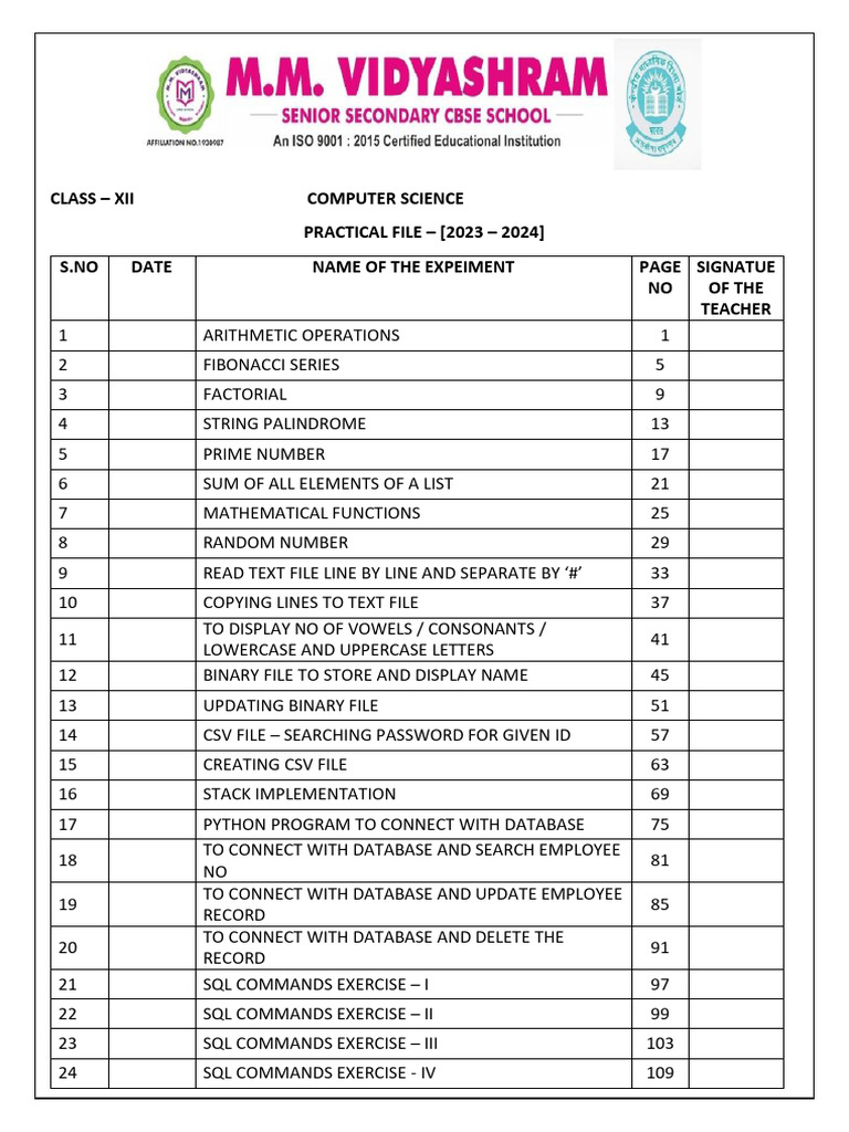 Computer Science Practical File 2023-2024 | PDF | Computer File | Databases