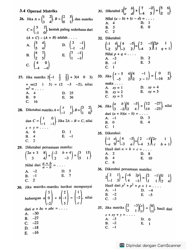 Soal Operasi Matriks Fiks | PDF