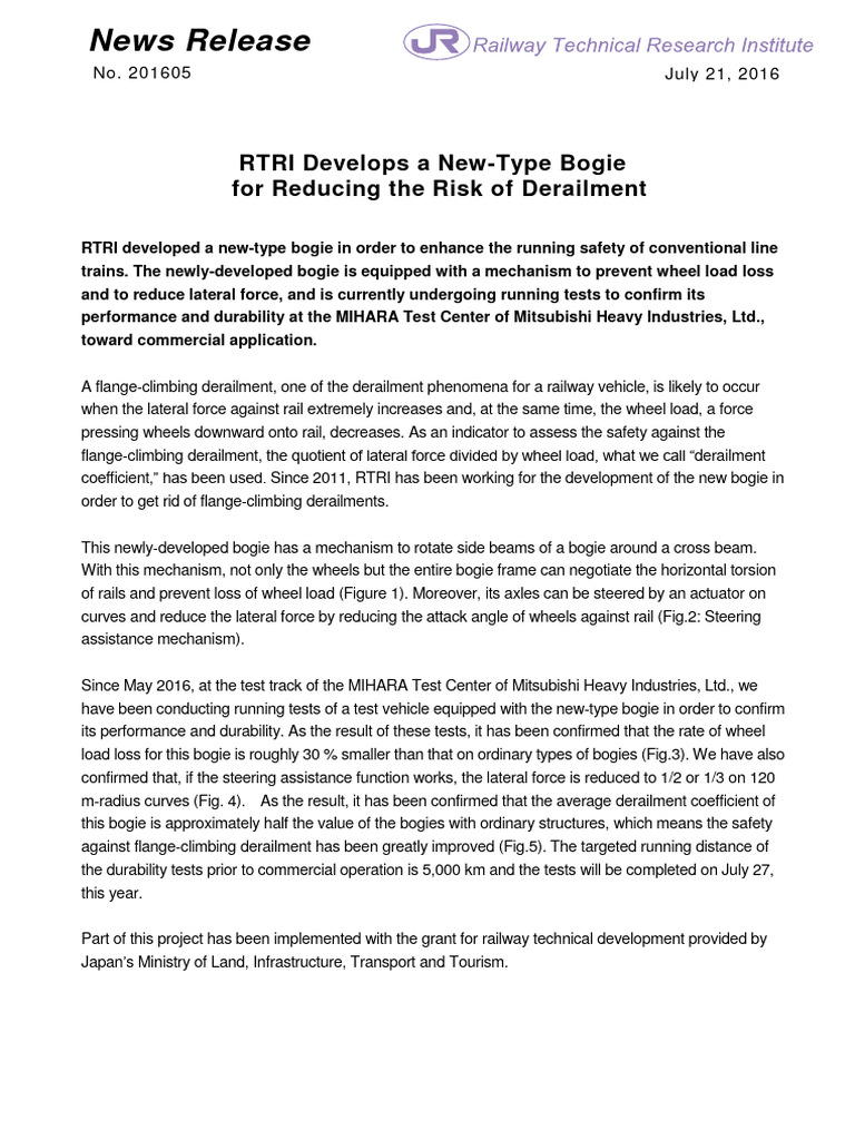 RTRI Develops A New-Type Bogie For Reducing The Risk of Derailmen | PDF ...