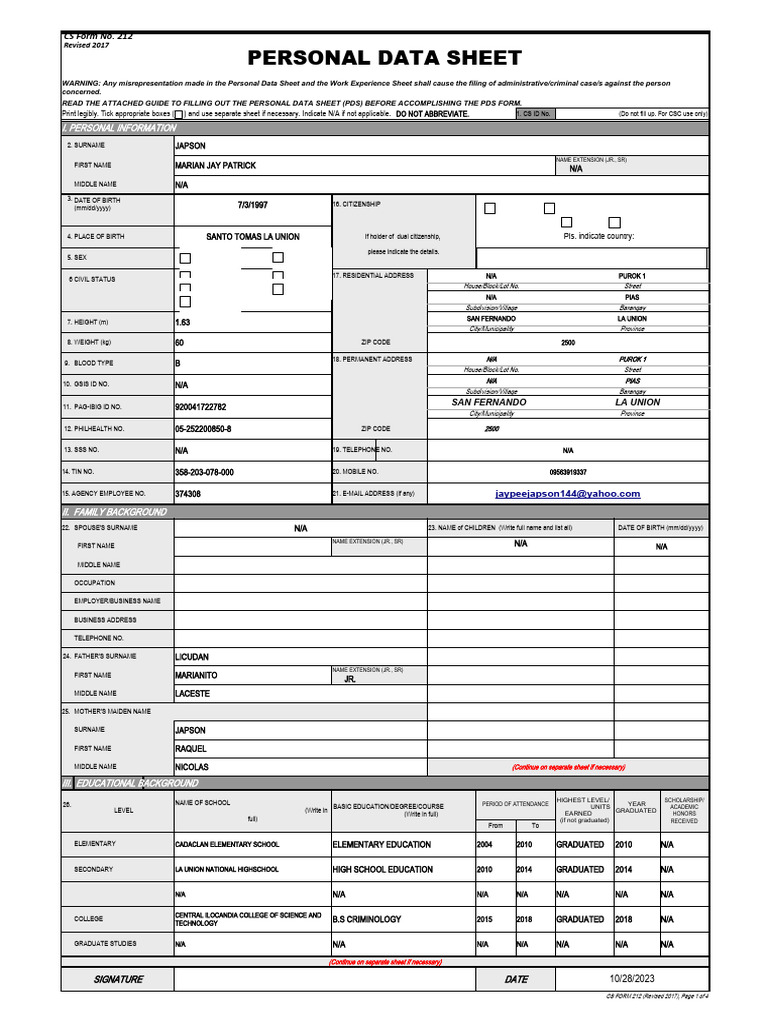 Personal Data Sheet Template | PDF