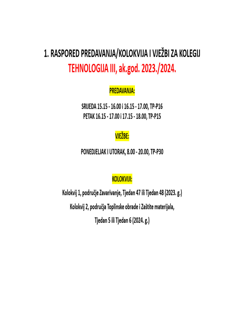 Tehnologija III - Raspored Nastave 2023 - 2024 | PDF