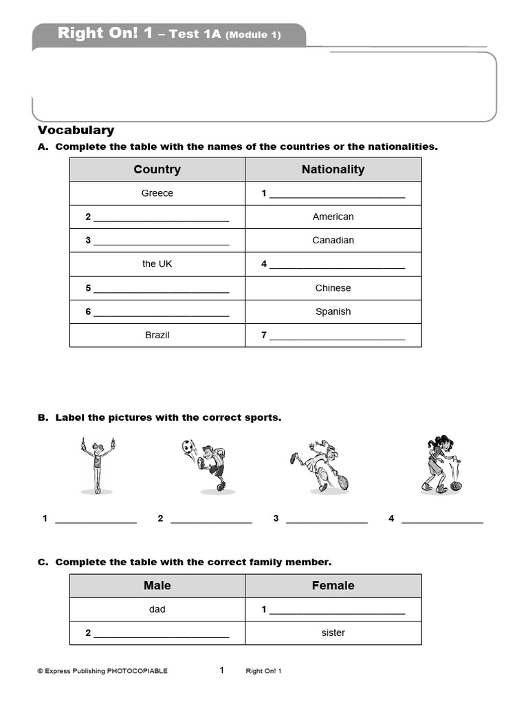 Right On 1 Test 1A | PDF