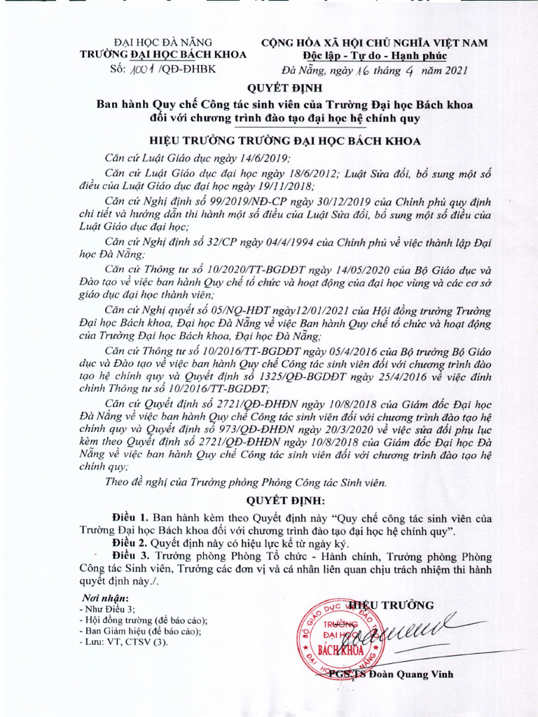 1001-Qd-dhbk (QD BH QC CTSV Cua Truong DHBK Doi Voi CTDT DH He Chinh Quy) | PDF