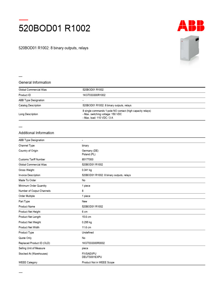 1KGT033300R1002 520bod01 r1002 8 Binary Outputs Relays | PDF | Home ...