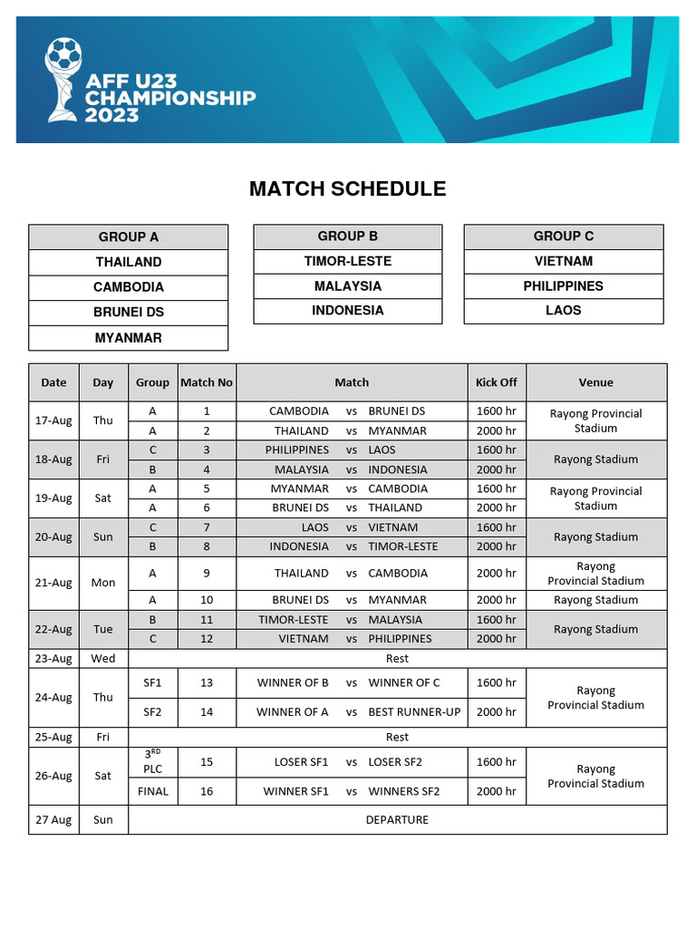 AFF U23 Championship 2023 - Match Schedule | PDF | Sports Teams | Football Teams