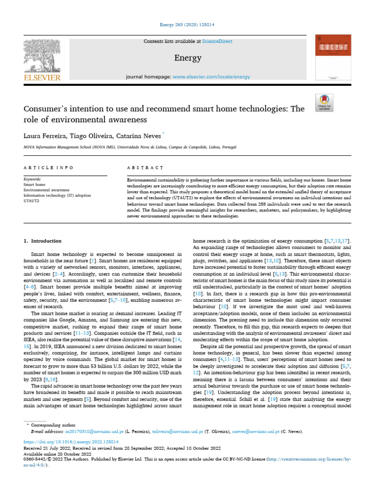 Consumer's Intention To Use and Recommend Smart Home Technologies - The ...
