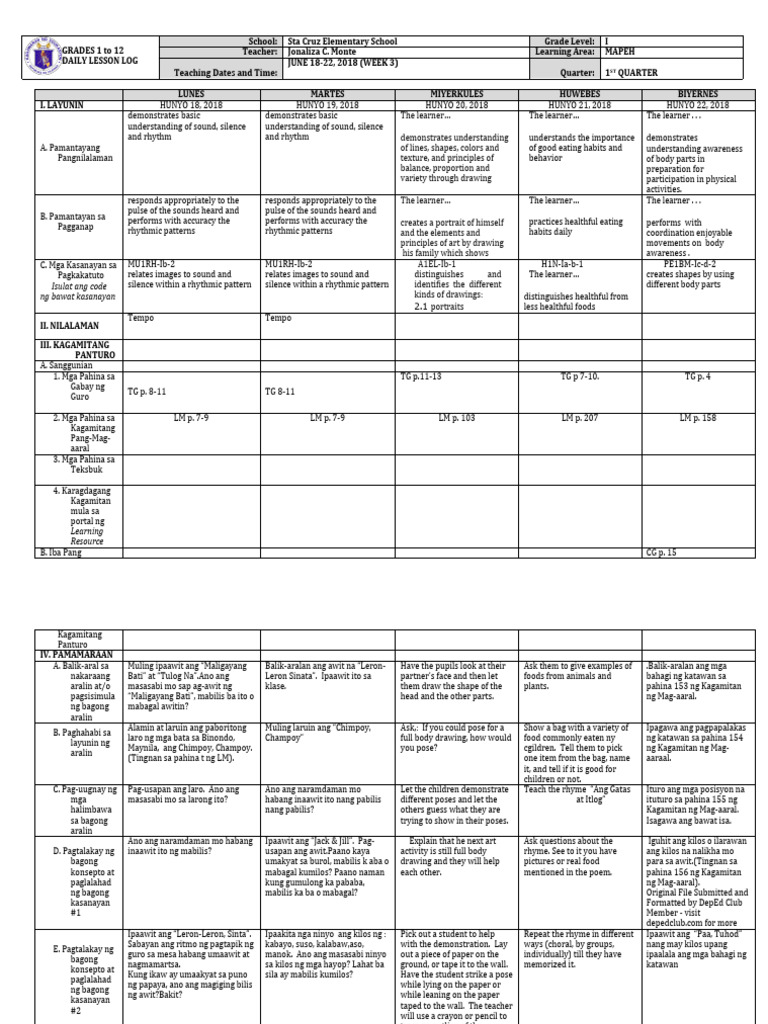 DLL - Mapeh 1 - Q1 - W3 | PDF
