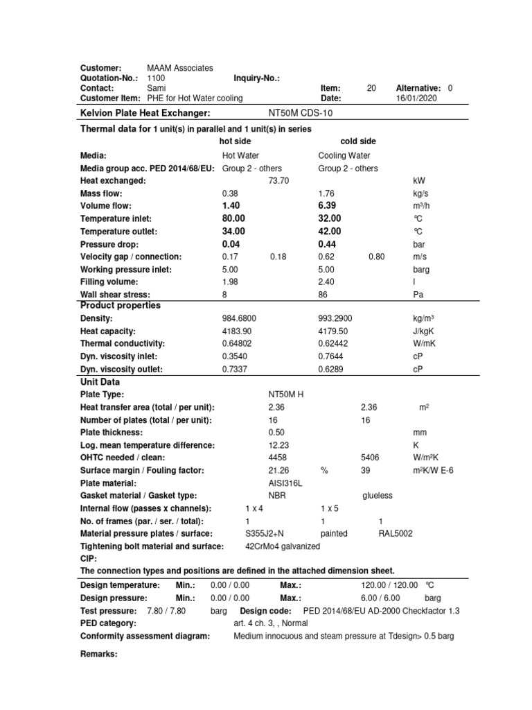 PHE for Hot Water Cooling System | PDF | Heat Exchanger | Viscosity