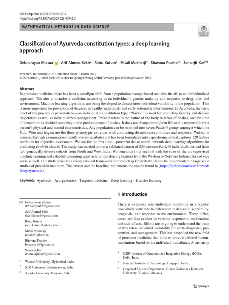 Classification of Ayurveda Constitution Types A Deep Learning | PDF ...