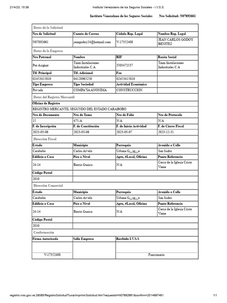 Planilla para Registro de Empresa en IVSS. 21-04-23 | PDF Planilla para Registro de Empresa en IVSS. 21-04-23 | PDF