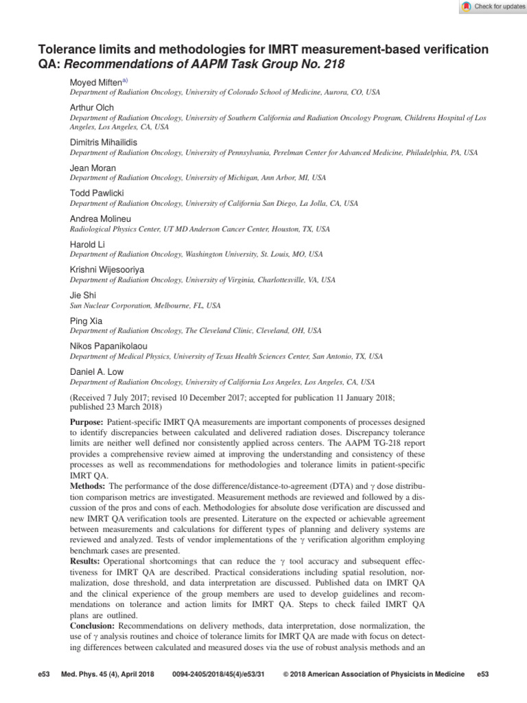 AAPM TG-218 - Tolerance Limits and Methodologies For IMRT Measurement Based Verification QA | PDF