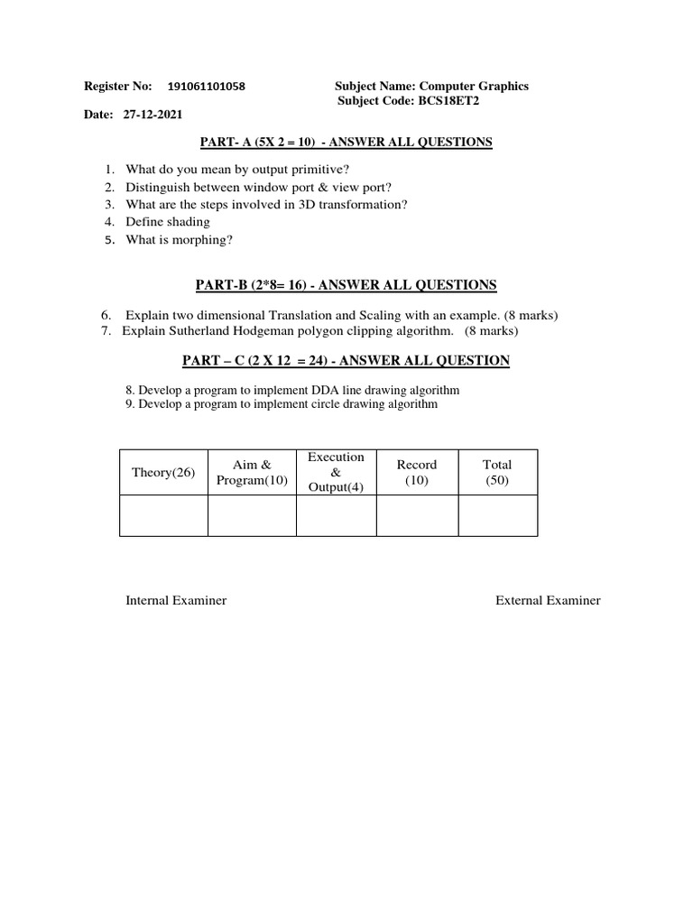 Computer Graphics Exam Questions | PDF