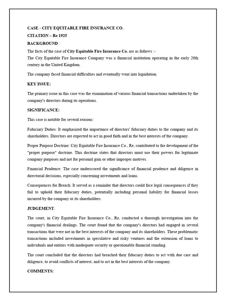 City Equitable Fire Insurance Case Summary | PDF | Fiduciary ...