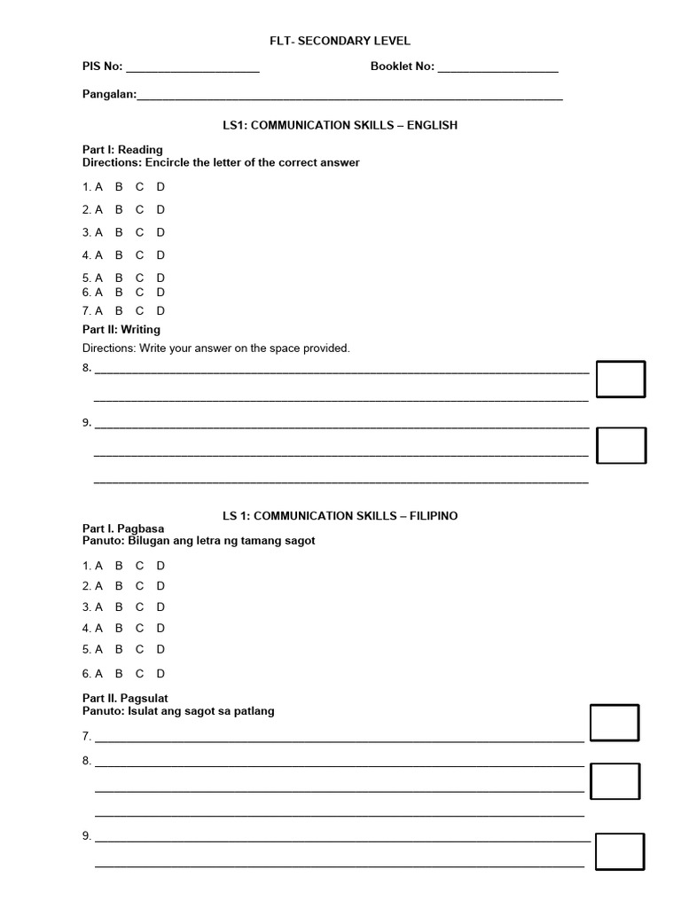 Answer Sheet FLT JHS | PDF | Literacy | Learning
