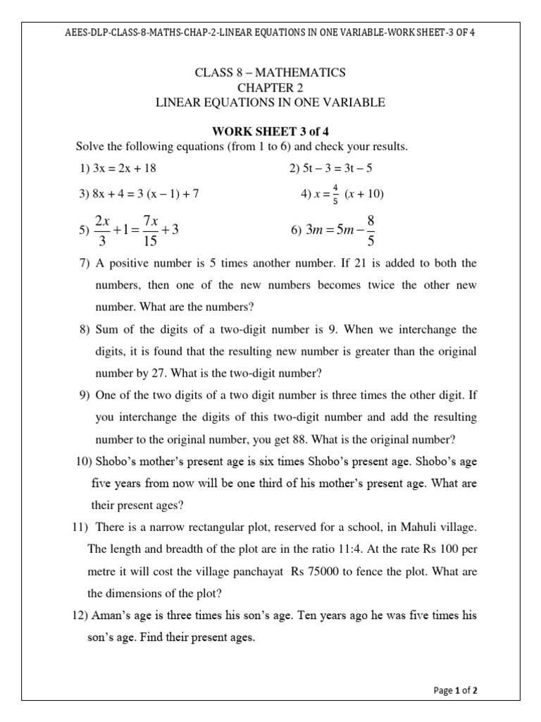 Class-8-Maths-Chap-2-Linear Eqations in One Variable-Work Sheet-3 of 4 ...