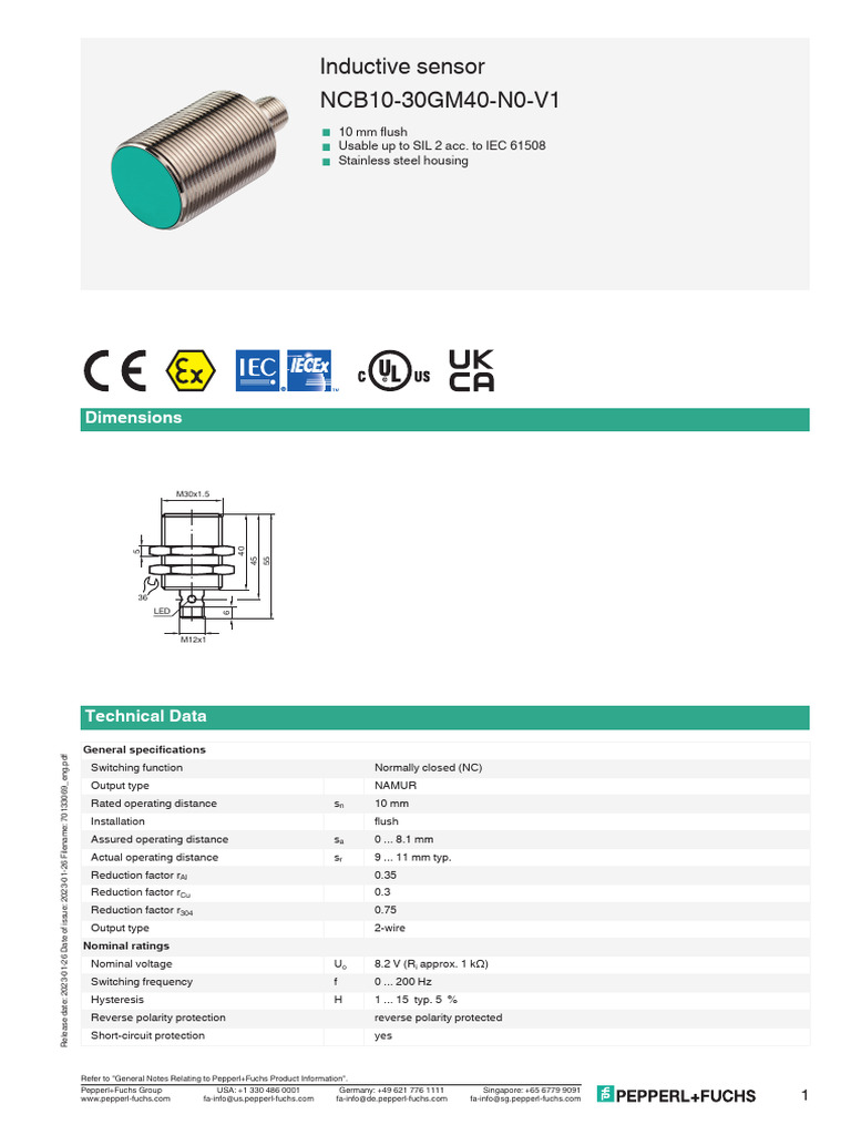 Inductive Sensor NCB10-30GM40-N0-V1: Dimensions | PDF | Measuring Instrument