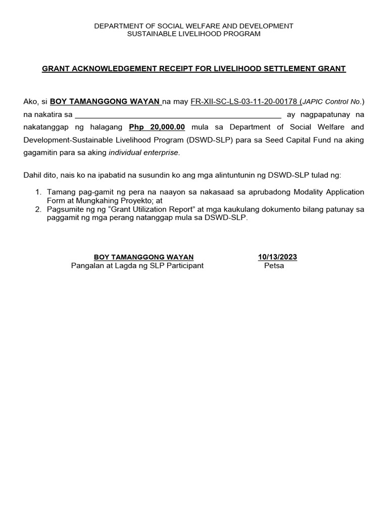 Annex 19-IRF. Grant Acknowledgement Receipt For SCF Individual Referral | PDF