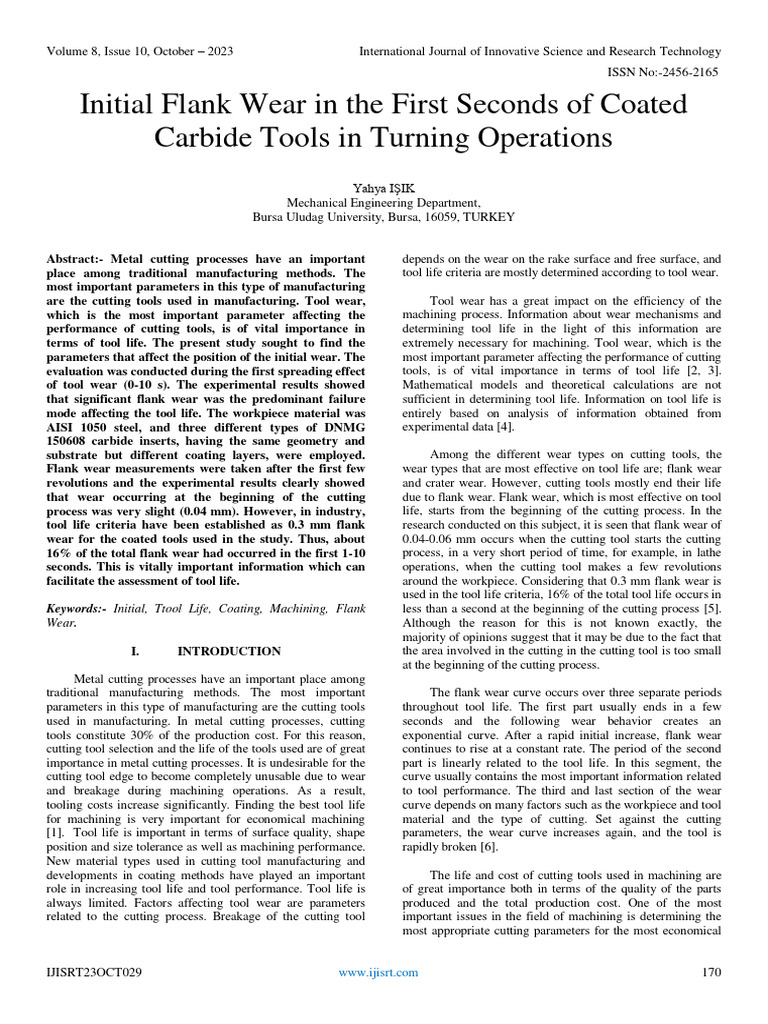 Initial Flank Wear In The First Seconds Of Coated Carbide Tools In Turning Operations Pdf 