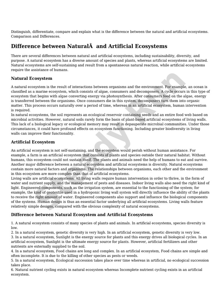 Difference between Natural and Artificial Ecosystem | PDF