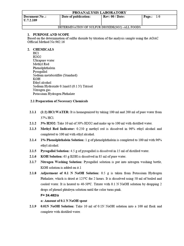 109 - Determination of Sulfur Dioxide (SO2) - SOP | PDF | Sodium ...