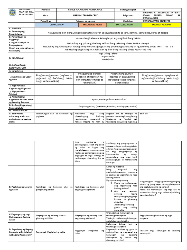 dll pagbasa at pagsusuri no. 1 2023 | PDF