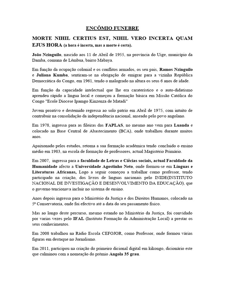 Elogio Funebre e Programa de Exequias | PDF | Angola