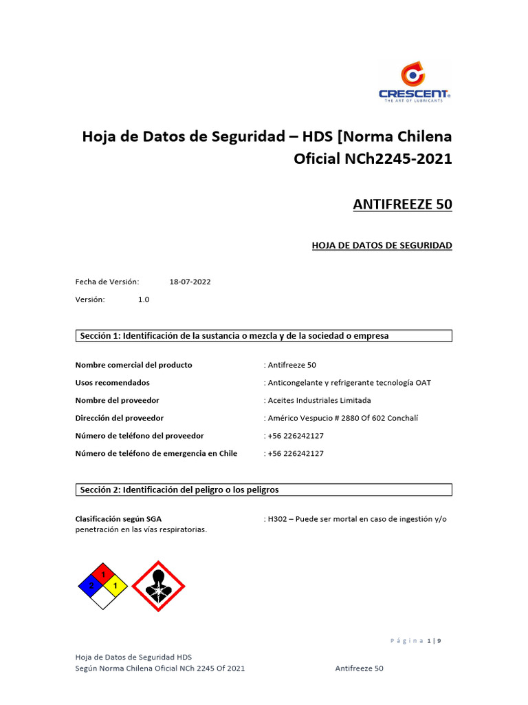 Hoja de Seguridad Anticongelante HDS | PDF | Agua | Solubilidad