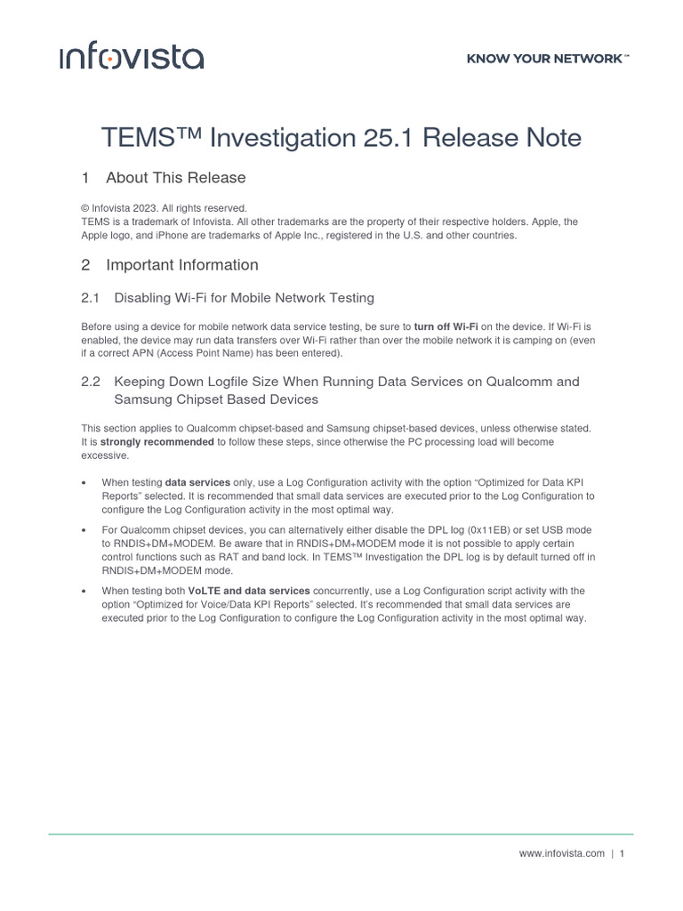 TEMS Investigation 25.1 - Release Note | PDF | High Speed Packet Access ...