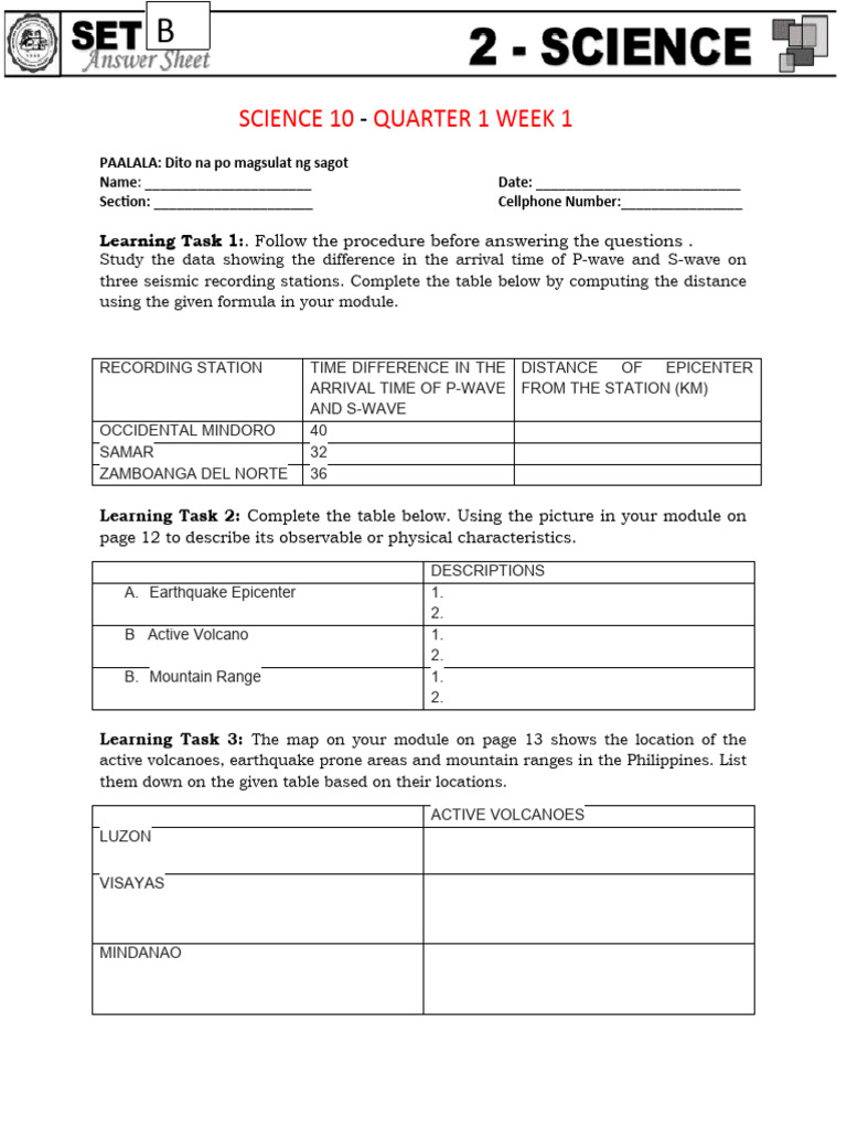Answer Sheet Science 10 Q 1 W1 2 | PDF