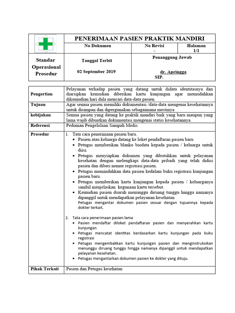 Sop Penerimaan Pasien Praktik Mandiri | PDF | Hukum