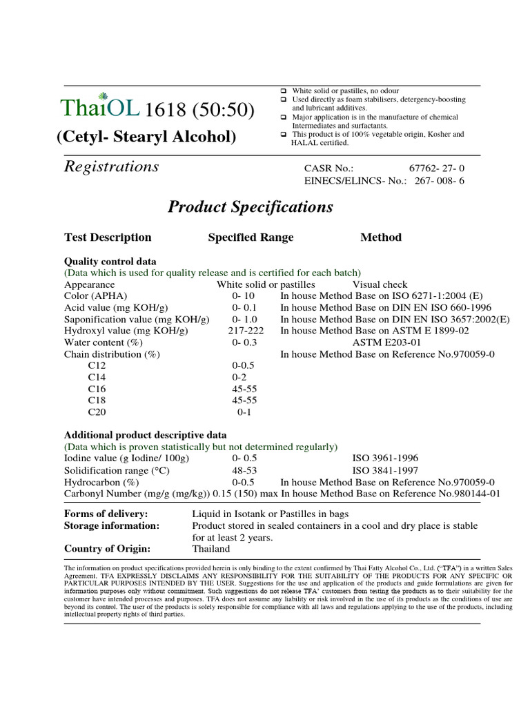 AlcoholCetostearyl (50-50) - TDS | PDF | Chemistry | Chemical Substances