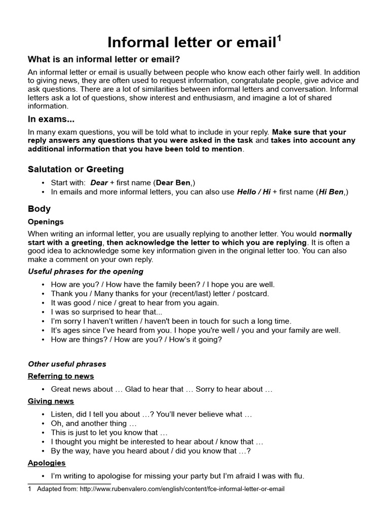 Guide to Writing Informal Letters and Emails | PDF | Grammar | Human ...
